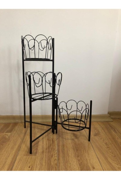 Metal 3 Gözlü Saksılık Çiçeklik Ferforje Çiçeklik Siyah