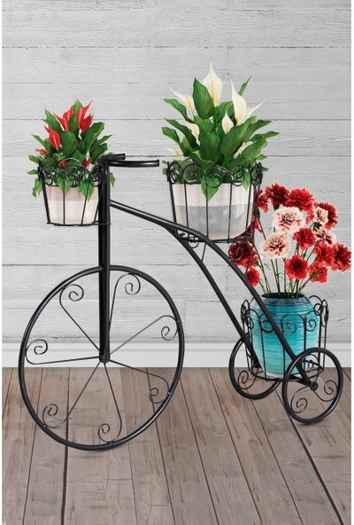 2 Li Bisiklet Saksılık Çiçeklik Ferforje 2 Adet Siyah
