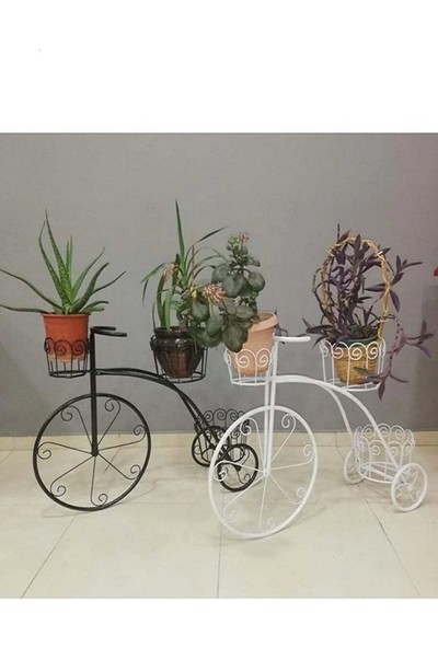 2 Li Metal Bisiklet Saksılık Ferforje Siyah Beyaz Çiçeklik