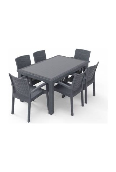Violet Rattan 80X140 cm 6'lı Camlı Bahçe Mutfak Masa Takımı Antrasit