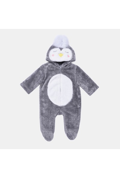 Unisex Yumuşak Peluş Fermuarlı Pamuklu Gri Beyaz Bebek Tulumu 21510