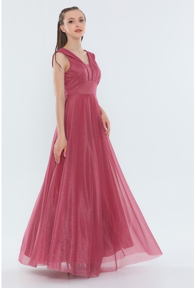 Julude Gülkurusu Kadın Yaka Tül Dekolteli Astarlı Işıltılı Uzun Abiye Elbise P-039935