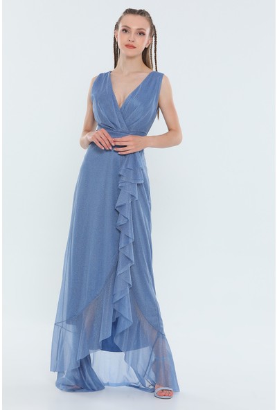 Julude Indigo Kadın Kruvaze Yaka Astarlı Işıltılı Uzun Abiye Elbise P-039936