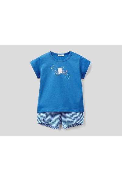Benetton Baskılı Tshirt Çizgili Şort Takım