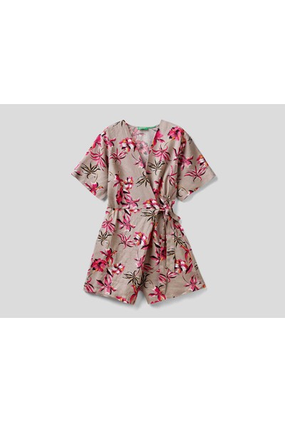 Benetton Desenli Keten Şort Tulum