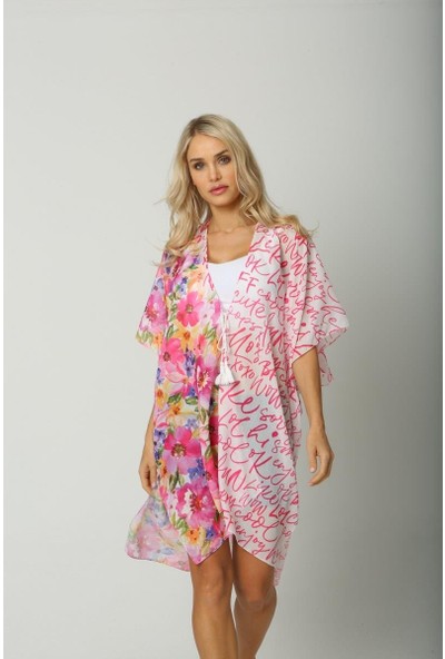 Kadın Turkuaz Yazılı Çiçek Desenli Pareo - Kimono