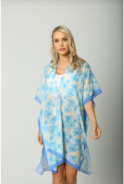 Kadın Mavi Çiçek Desenli Pareo - Kimono