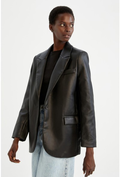 DeFacto Regular Fit Suni Deri Blazer Ceket Y5163AZ22SP DeFacto Regular Fit Suni Deri Blazer Ceket Y5163AZ22SP