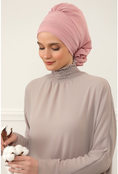 Silversun Pileli Tasarım Şifon Hazır Türban,pudra,ht-31