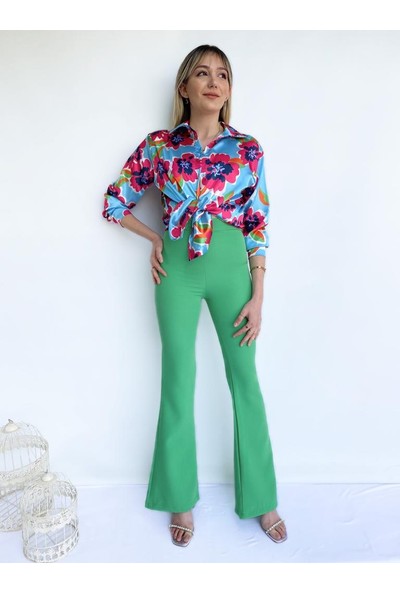 Key Moda Kadın Yüksek Bel Ispanyol Paça Pantolon Yeşil Key Moda Kadın Yüksek Bel Ispanyol Paça Pantolon Yeşil
