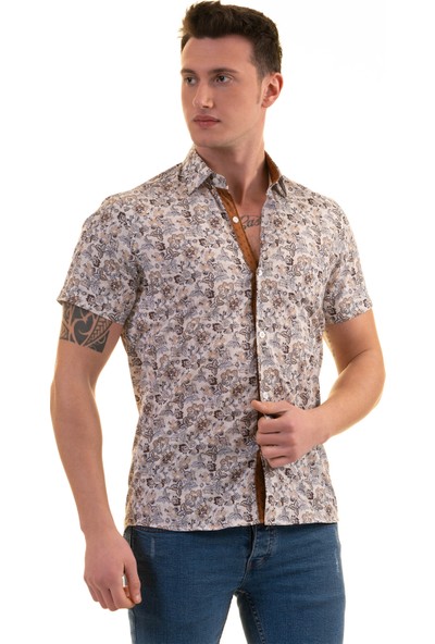 Exve Exclusive Bej Kahverengi Çiçek Baskılı Pamuk Slim Fit Kısa Kollu Erkek Gömlek