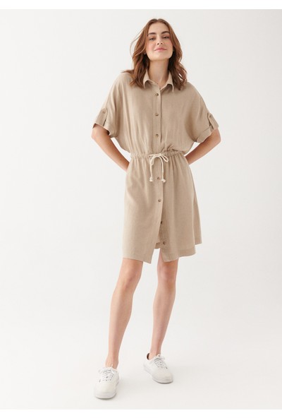 Mavi Keten Karışımlı Bej Elbise