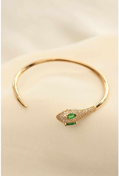 Karazona Kadın Çelik Yeşil Gözlü Yılan Tasarımlı Taşlı Kelepçe Bileklik KZ-BB4234