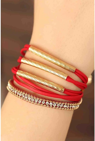 Karazona Kadın Kırmızı Renk Deri Taşlı Çoklu Bileklik KZ-BB1881