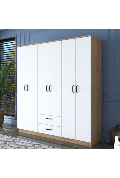 Rani BA115 Geniş Gardırop Elbise Dolabı 6 Kapaklı 2 Çekmeceli 6 Raflı 3 Askılı Sepet Ceviz - Beyaz Rani BA115 Geniş Gardırop Elbise Dolabı 6 Kapaklı 2 Çekmeceli 6 Raflı 3 Askılı Sepet Ceviz - Beyaz
