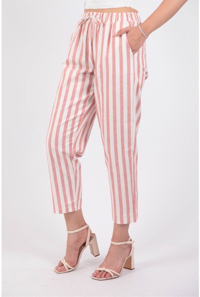 Coral Kalın Çizgili Bağcıklı Pantolon Kırmızı