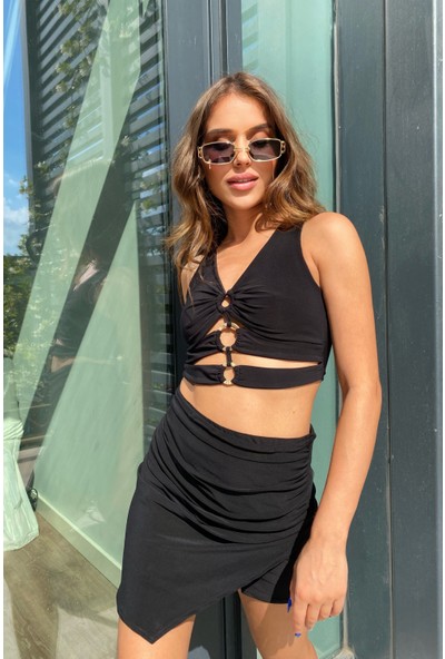 Eka Kadın Siyah Büzgülü Kısa Etek 1007-2255