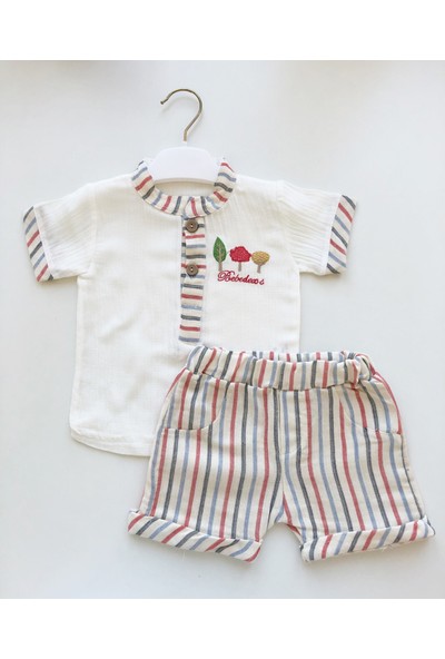 Bebedexs Erkek Bebek Ağaç Nakışlı Müslin Kumaş Tişört Şort Ikili Takım