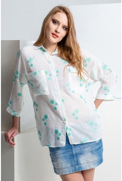 Thetwin2Z Beyaz Gömlek Yeşil Çiçekli