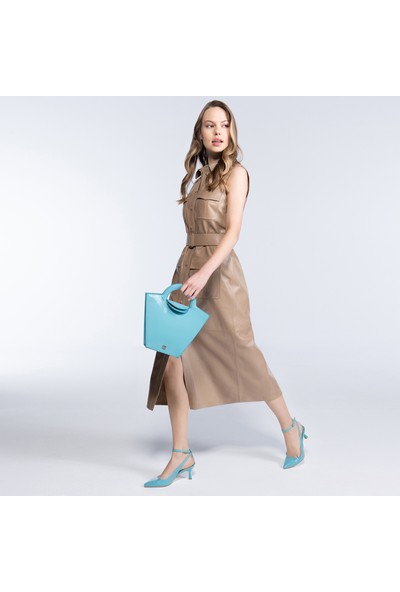 Desa Jianna Bej Kadın Gömlek Yakalı Deri Elbise