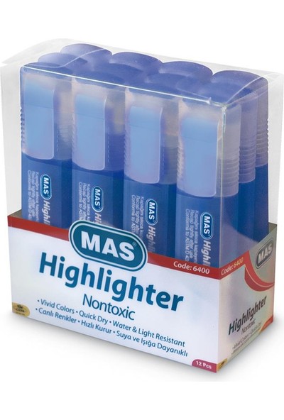 MAS Fosforlu Kalem Mavi Renk Mas 6400 Highlighter 12’li Paket MAS Fosforlu Kalem Mavi Renk Mas 6400 Highlighter 12’li Paket