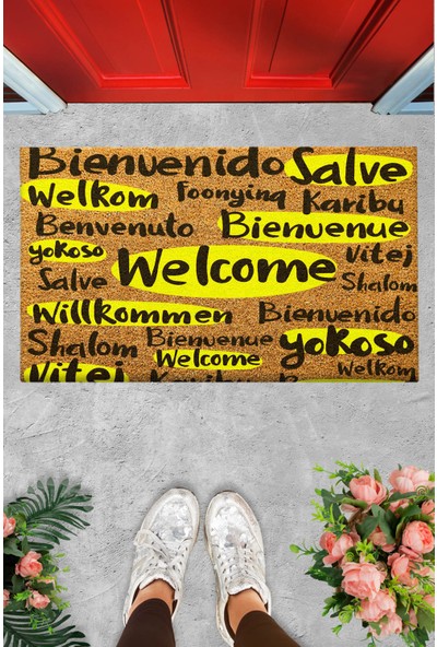 Cekuonline Coco Koko Paspas Pvc Taban Kıl Kapı Önü Paspası 40X70 Farklı Dillerde Hoşgeldin