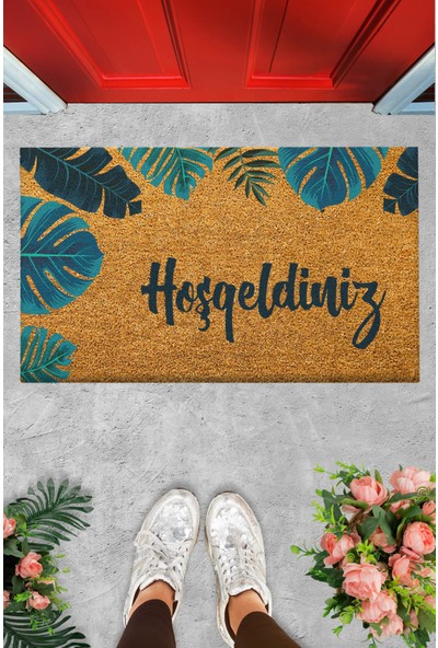 Cekuonline Coco Koko Paspas Pvc Taban Kıl Kapı Önü Paspası 40X70 Palmiye/hoşgeldiniz
