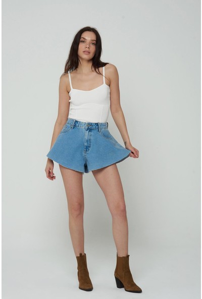 Cross Jeans Mavi Kısa Patı Fermuarlı Şort Jean C 4534-040