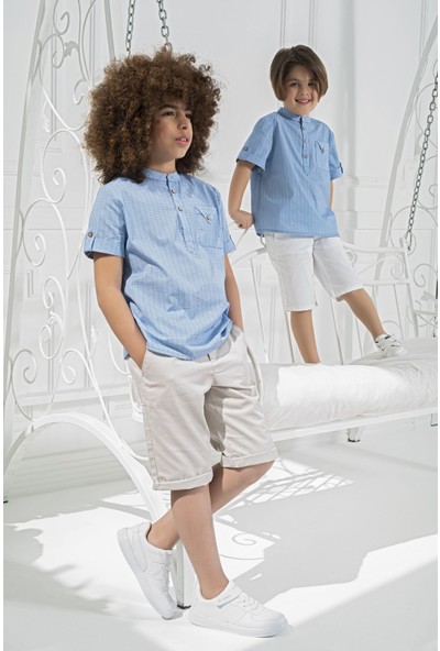 For You Kids Cep Detaylı Düğmeli Puanlı Hakim Yaka Mavi Gömlek