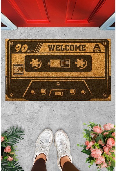 Cekuonline Coco Koko Paspas Pvc Taban Kıl Kapı Önü Paspası 33X55 Welcome Retro Kaset