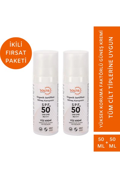Soltis Organik Sertifikalı Güneş Koruyucu Krem SPF50+ Pa++++, 50 ml x 2 Set Soltis Organik Sertifikalı Güneş Koruyucu Krem SPF50+ Pa++++, 50 ml x 2 Set