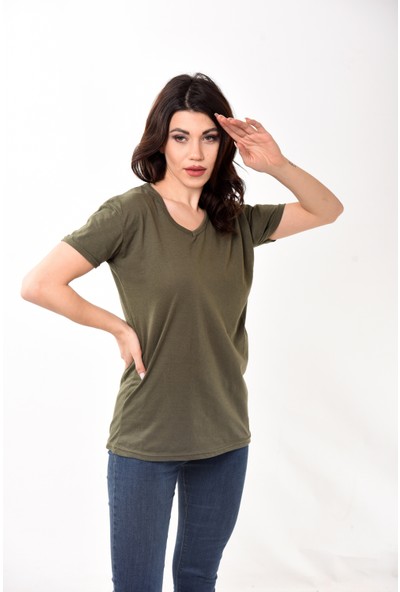 Belifanti Collection V Yaka Basic Kadın Tişört T-Shirt Haki Belifanti Collection V Yaka Basic Kadın Tişört T-Shirt Haki