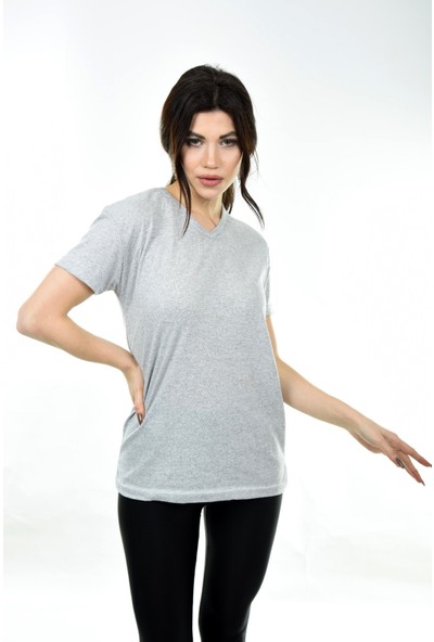 Belifanti Collection V Yaka Basic Kadın Tişört T-Shirt Gri Belifanti Collection V Yaka Basic Kadın Tişört T-Shirt Gri