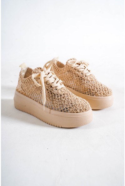 Ncs Bej Dantelli/örgülü Rahat Kalın Taban Kadın Günlük Spor Ayakkabı