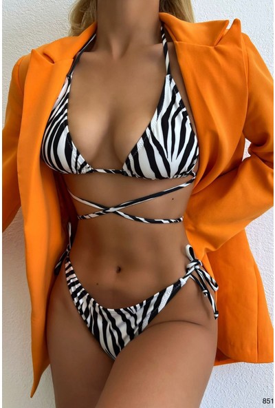 MyLove Bağlama Detay Zebra Desen Bikini Siyah