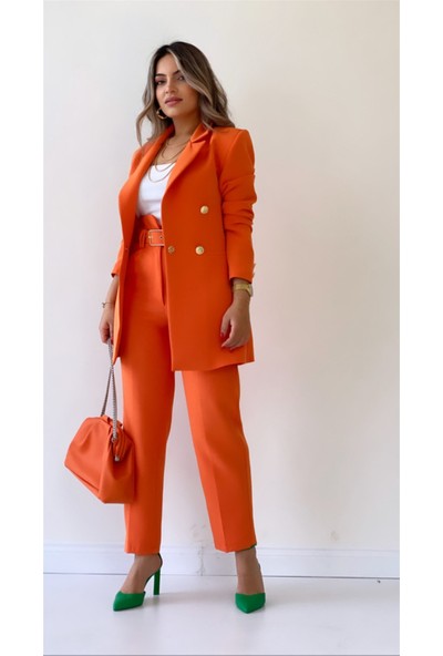 Seda Fidan Butik Uzun Gold Düğmeli Blazer Ceket Turuncu Seda Fidan Butik Uzun Gold Düğmeli Blazer Ceket Turuncu