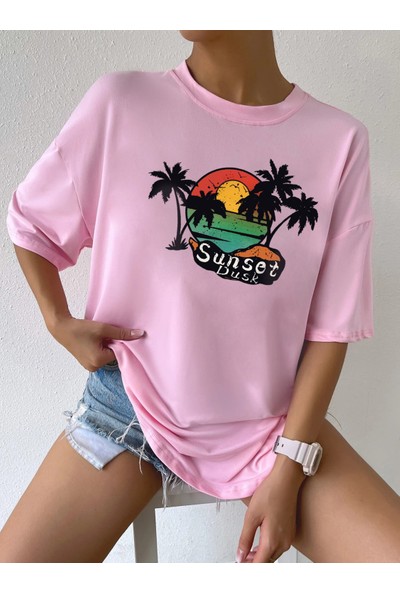 Sunset Baskılı Oversize Kadın T-Shirt
