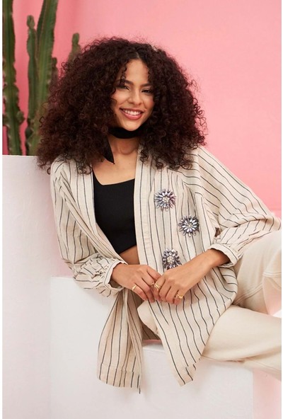 Orfeo Negro Natur Taşlı Kimono 32467 - Naturel - Tek Beden