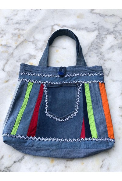 Momandkash Renkli Şeritli Kot Patchwork Çanta Momandkash Renkli Şeritli Kot Patchwork Çanta