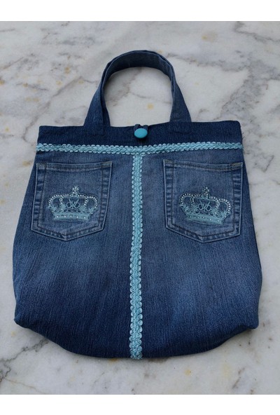 Momandkash Taç Desenli Kot Patchwork Çanta