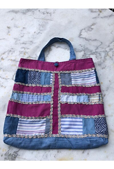 Momandkash Mor Detaylı Kot Patchwork Çanta