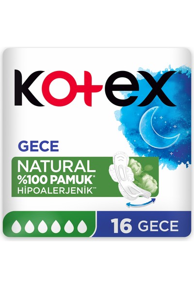 Kotex Natural Hijyenik Ped %100 Pamuk Hipoalerjenik Gece 16'lı