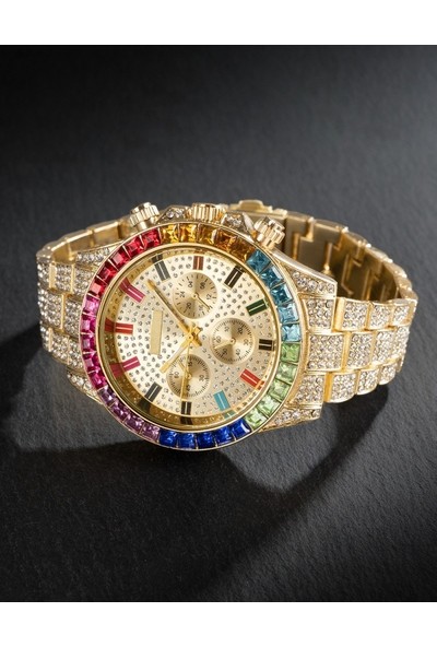 Rainbow Iced Out Watch Taşlı Gökkuşağı Saat