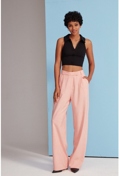 Vatkalı Bol Kesim Kumaş Pantolon Pudra