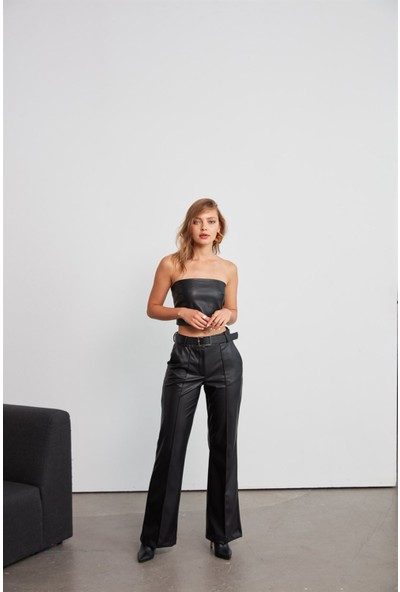 Vatkalı Uzun Bol Paça Deri Pantolon Siyah