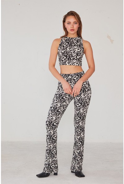 Vatkalı Zebra Desen Pantolon Crop Takım