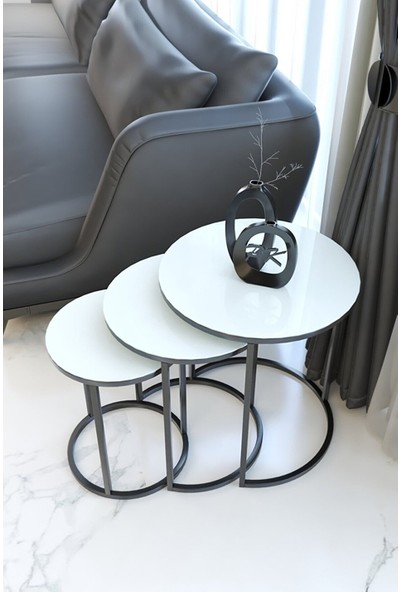 Dora Home 3'lü Zigon Sehpa Takımı Siyah Renk Metal Ayak - Beyaz Cam