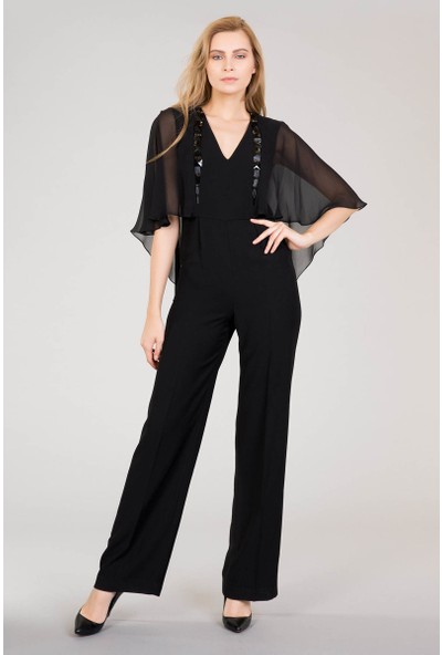 GIZIA Tül Kollu Siyah Tulum