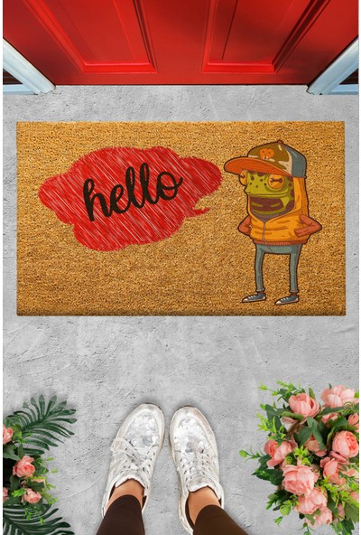 Cekuonline Coco Koko Paspas Pvc Taban Kıl Kapı Önü Paspası 40X70 Hello Kurbağa