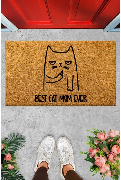 Cekuonline Coco Koko Paspas Pvc Taban Kıl Kapı Önü Paspası 40X60 Best Cat Mom Ever